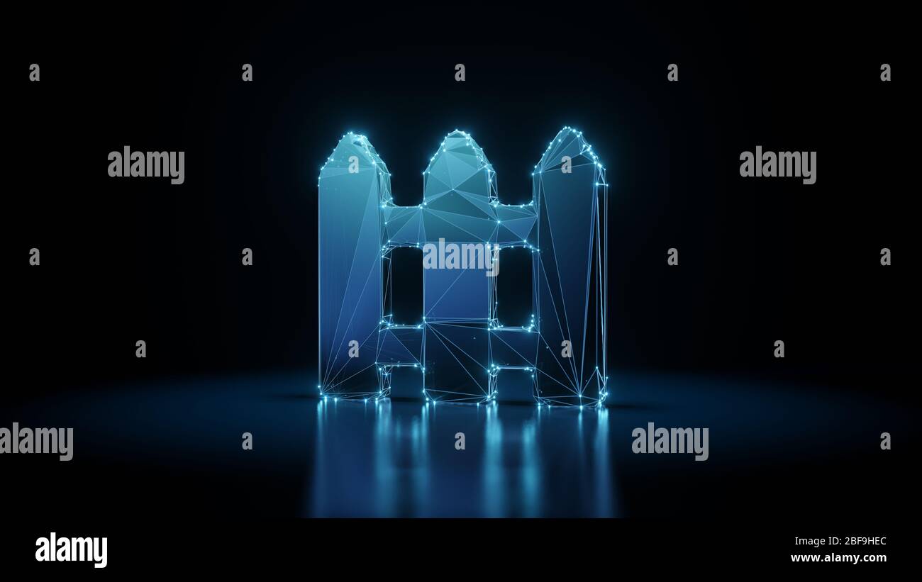 3d rendering wireframe digital techno neon glowing symbol of fence from three panels with ...