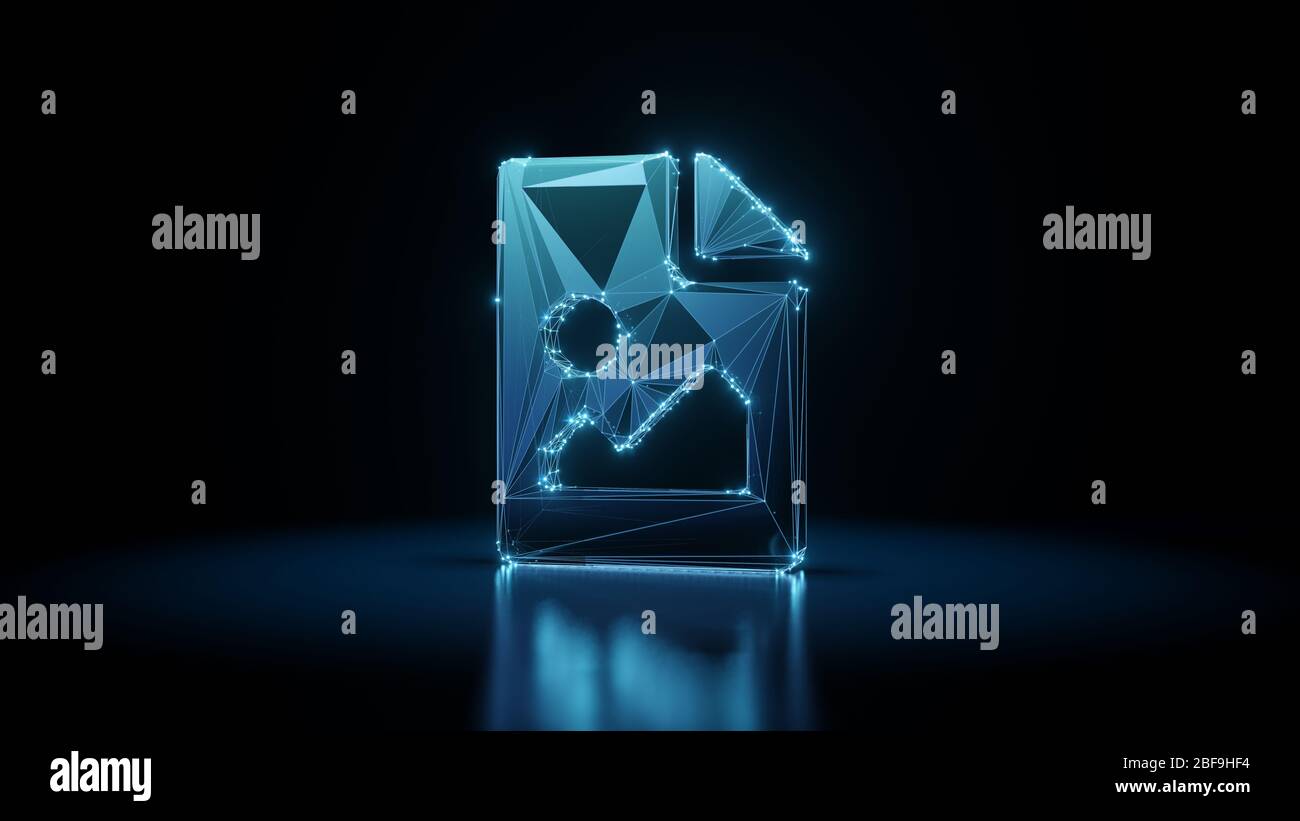 3d rendering wireframe digital techno neon glowing symbol of paper with bent corner and ...