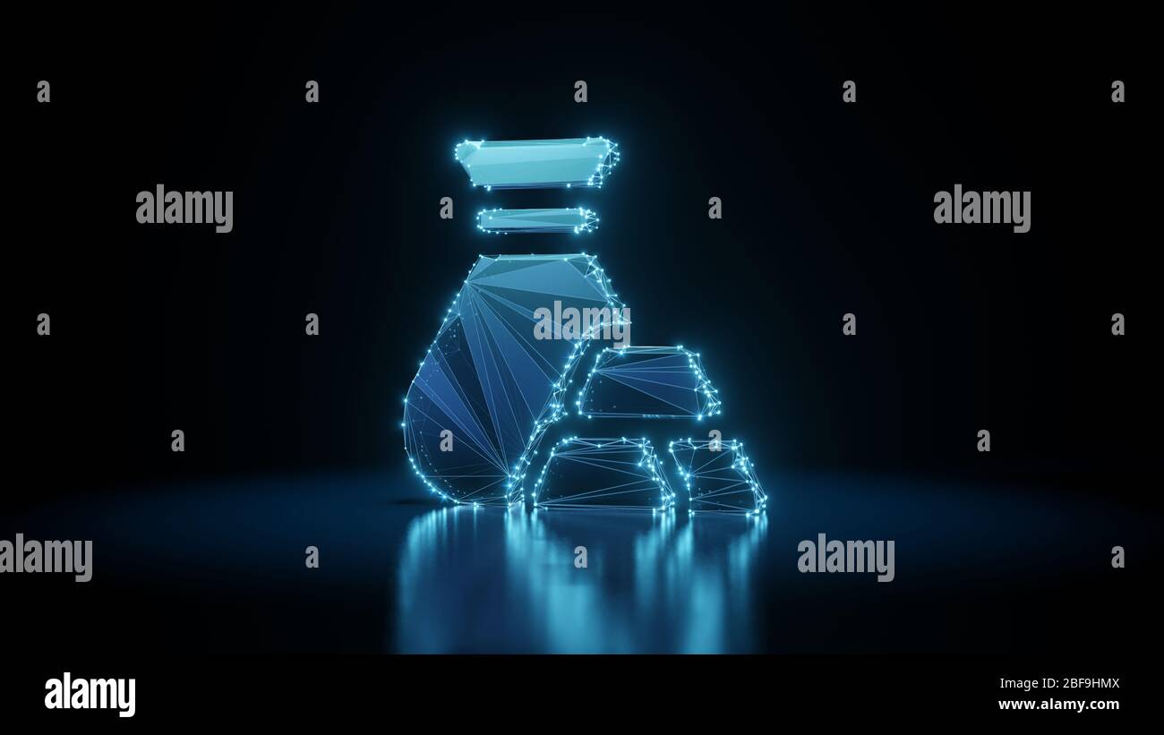 3d rendering wireframe digital techno neon glowing symbol of money bag and gold ingots with ...