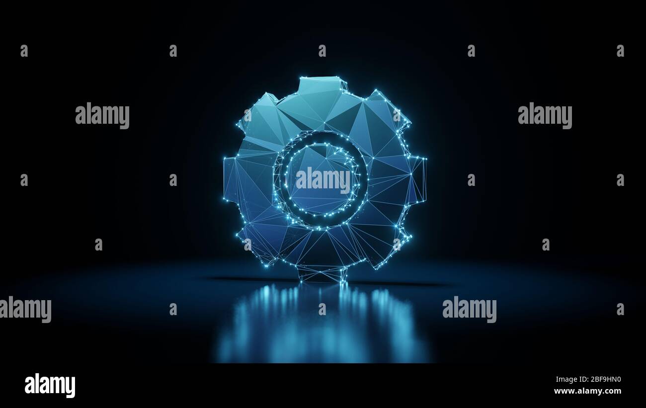 3d rendering wireframe digital techno neon glowing symbol of cogwheel with shining dots on black ...