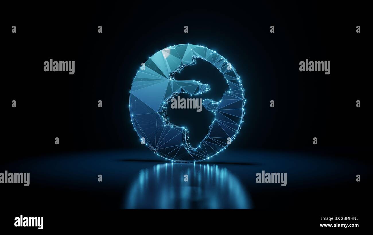 3d rendering wireframe digital techno neon glowing symbol of globe with ...