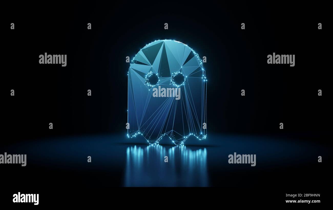 3d rendering wireframe digital techno neon glowing symbol of ghost with shining dots on black ...