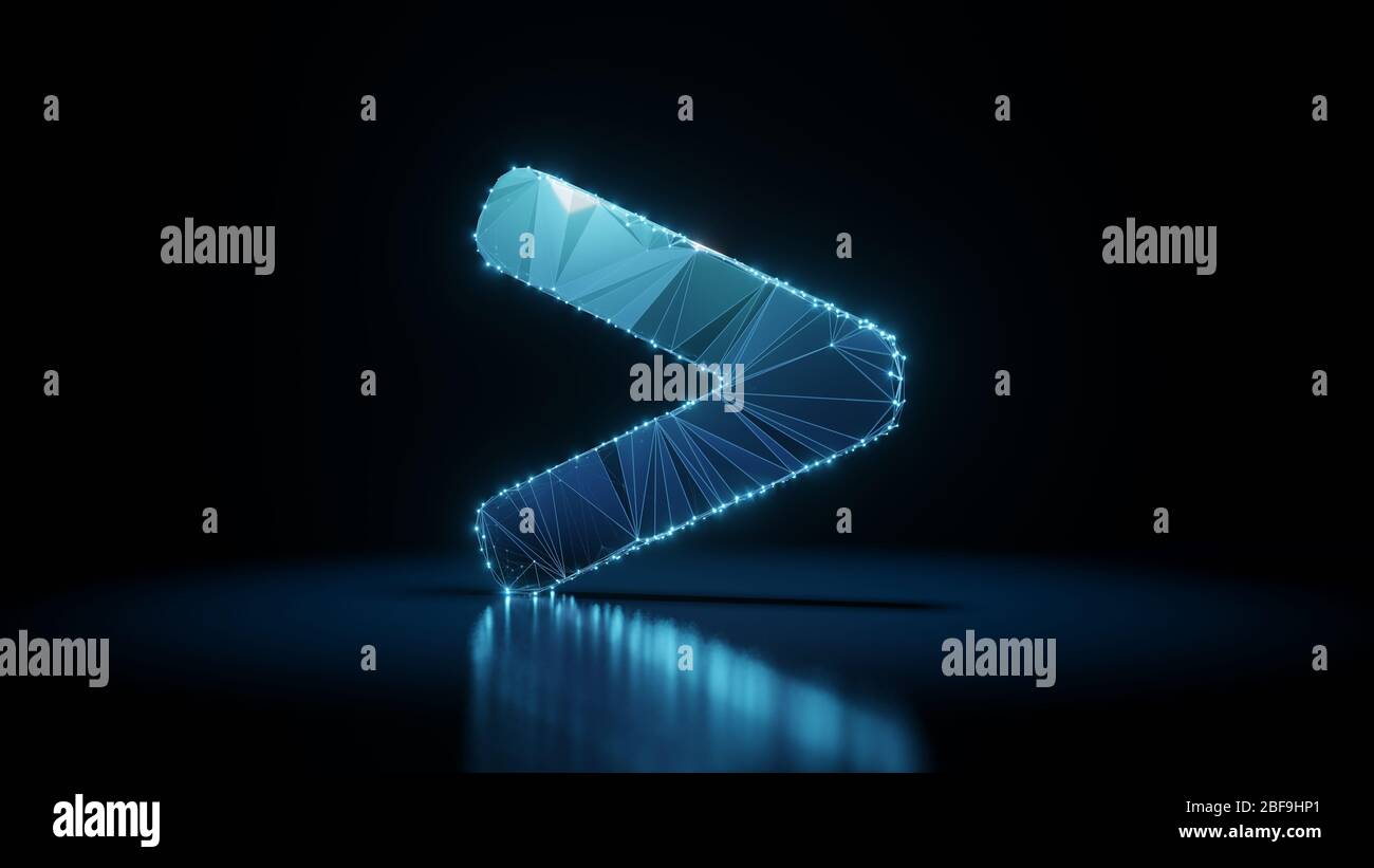 3d rendering wireframe digital techno neon glowing symbol of greater than symbol with shining ...