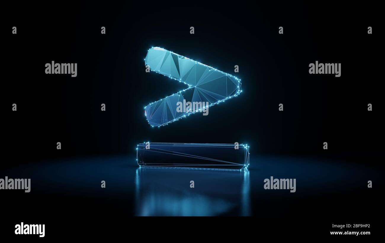 3d rendering wireframe digital techno neon glowing symbol of greater than equal symbol with ...