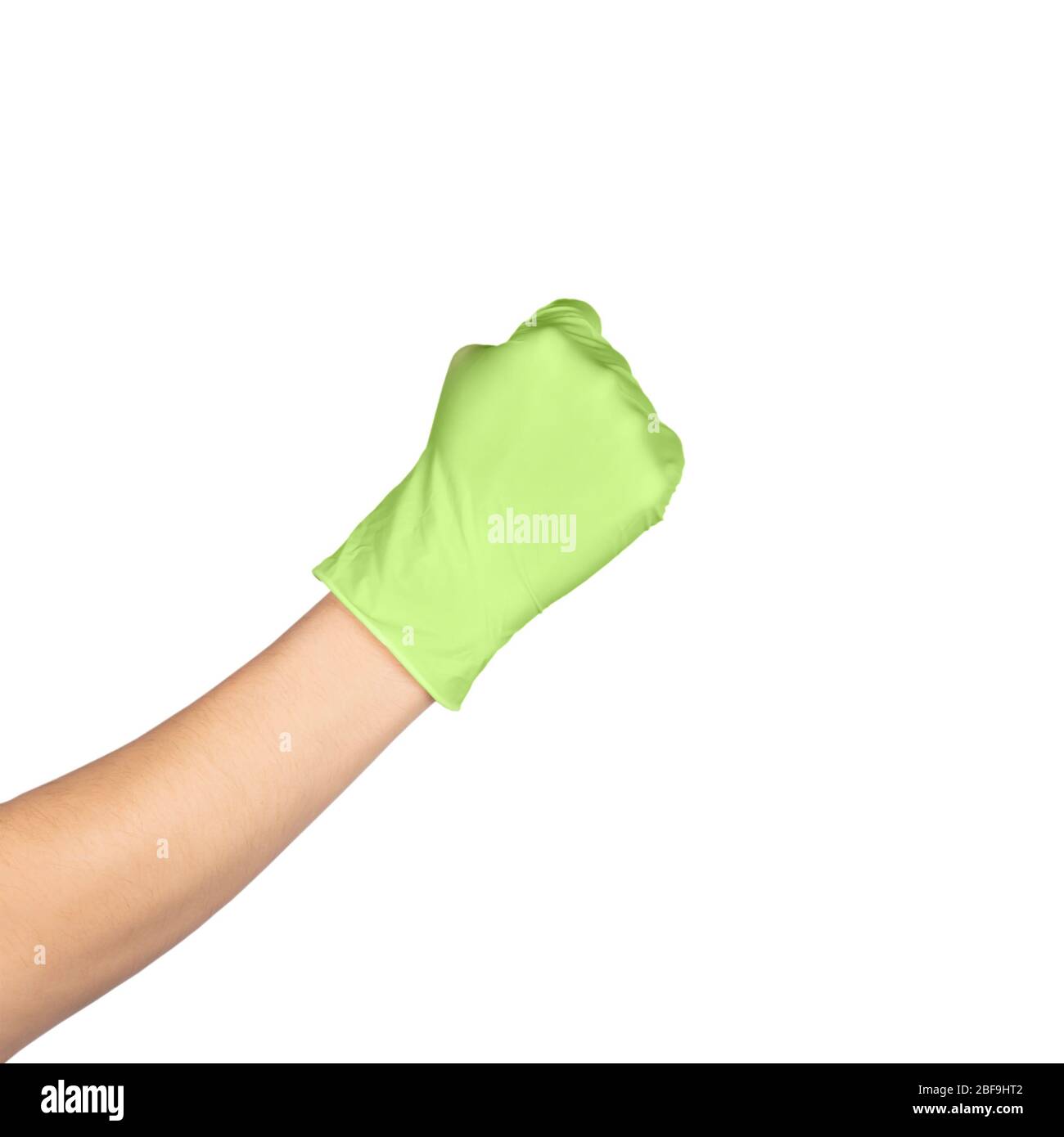 Hand gesture. Hand in a green latex glove showing Solid fist or anger ...