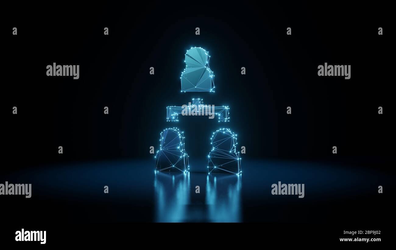 3d rendering wireframe digital techno neon glowing symbol of hierarchical structure of four ...