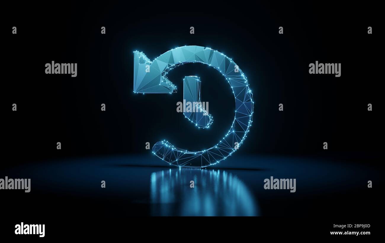 3d rendering wireframe digital techno neon glowing symbol of clock with counterclockwise arrow ...