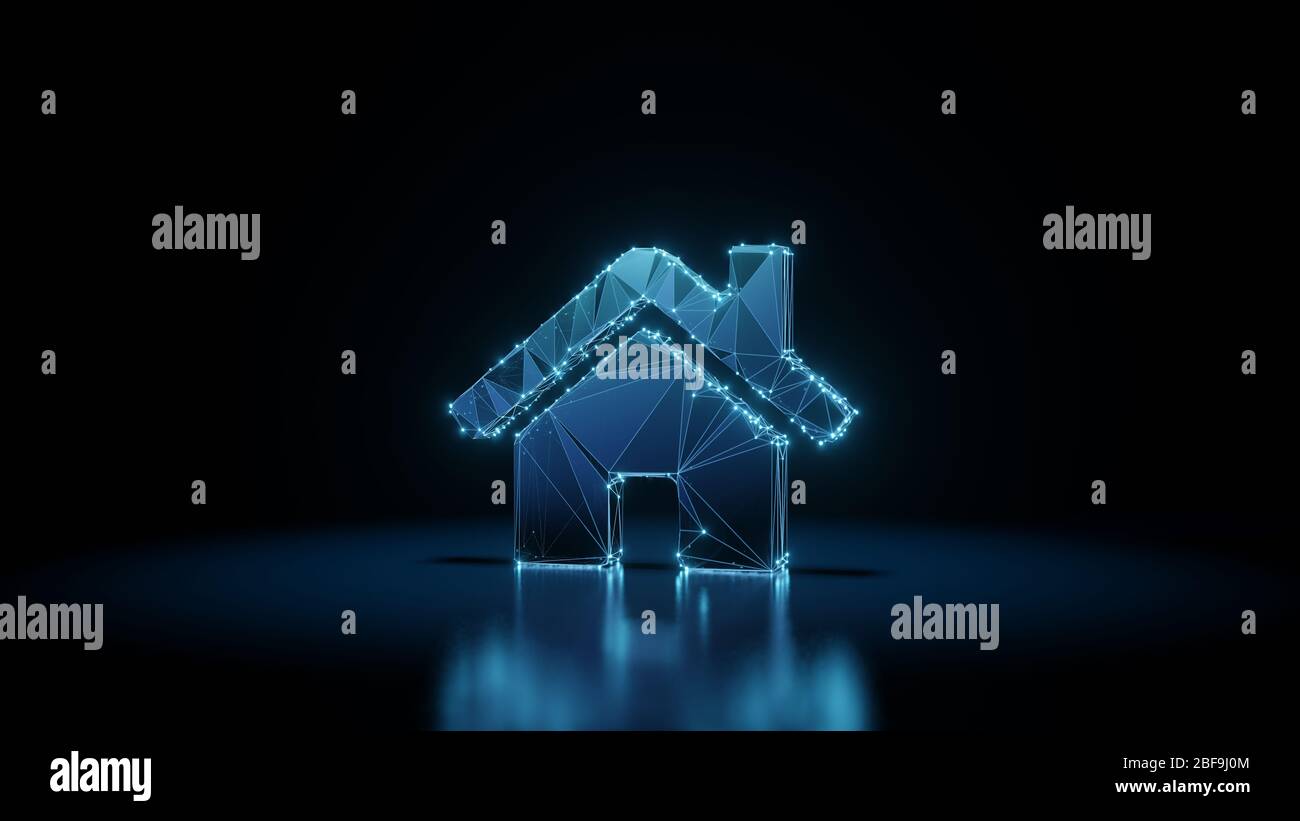 3d rendering wireframe digital techno neon glowing symbol of home with door and chimney with ...