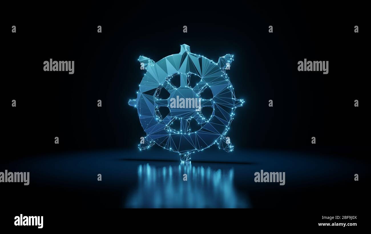 3d rendering wireframe digital techno neon glowing symbol of rudder with shining dots on black ...