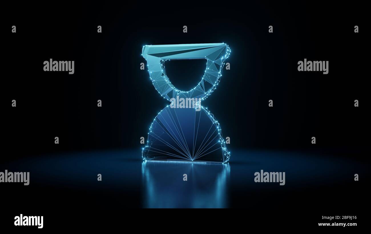 3d rendering wireframe digital techno neon glowing symbol of hourglass in end phase with shining ...