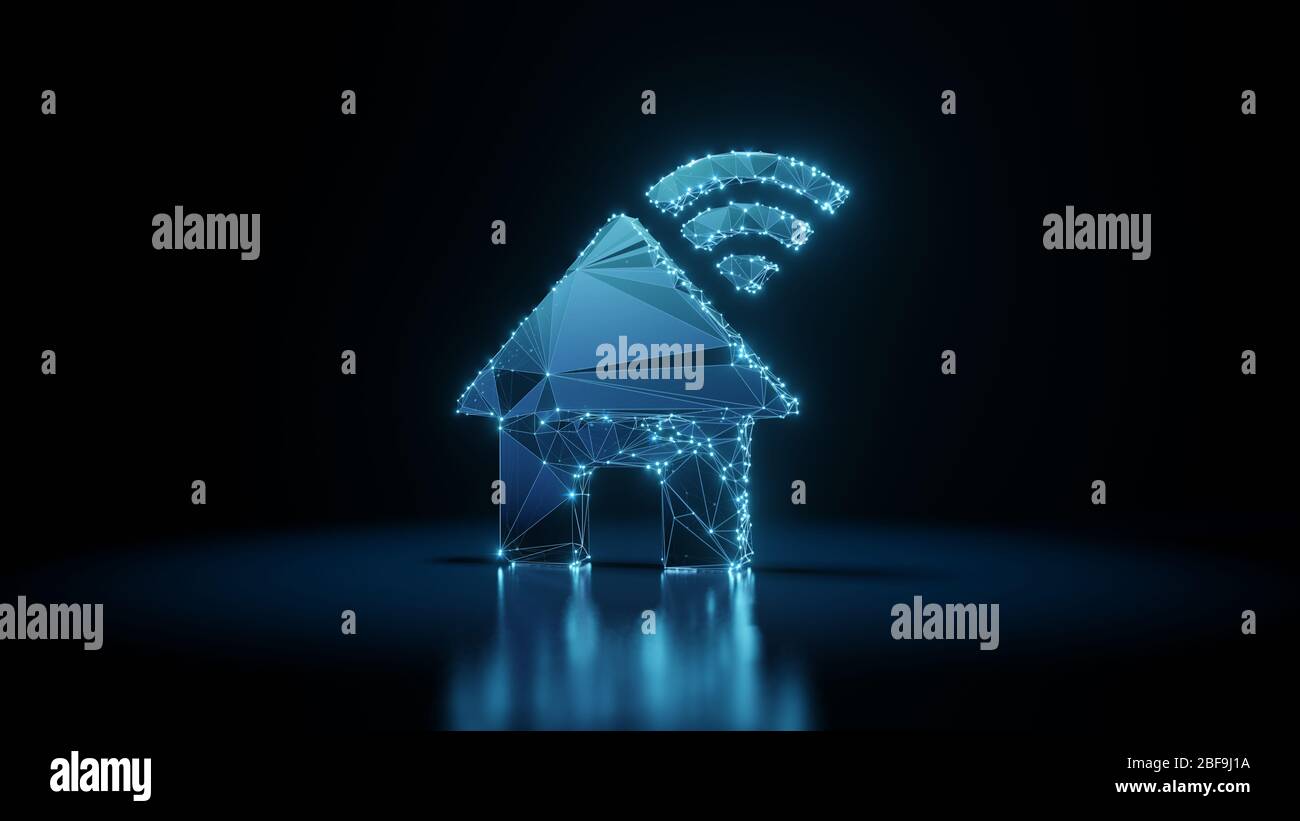 3d rendering wireframe digital techno neon glowing symbol of house with ...