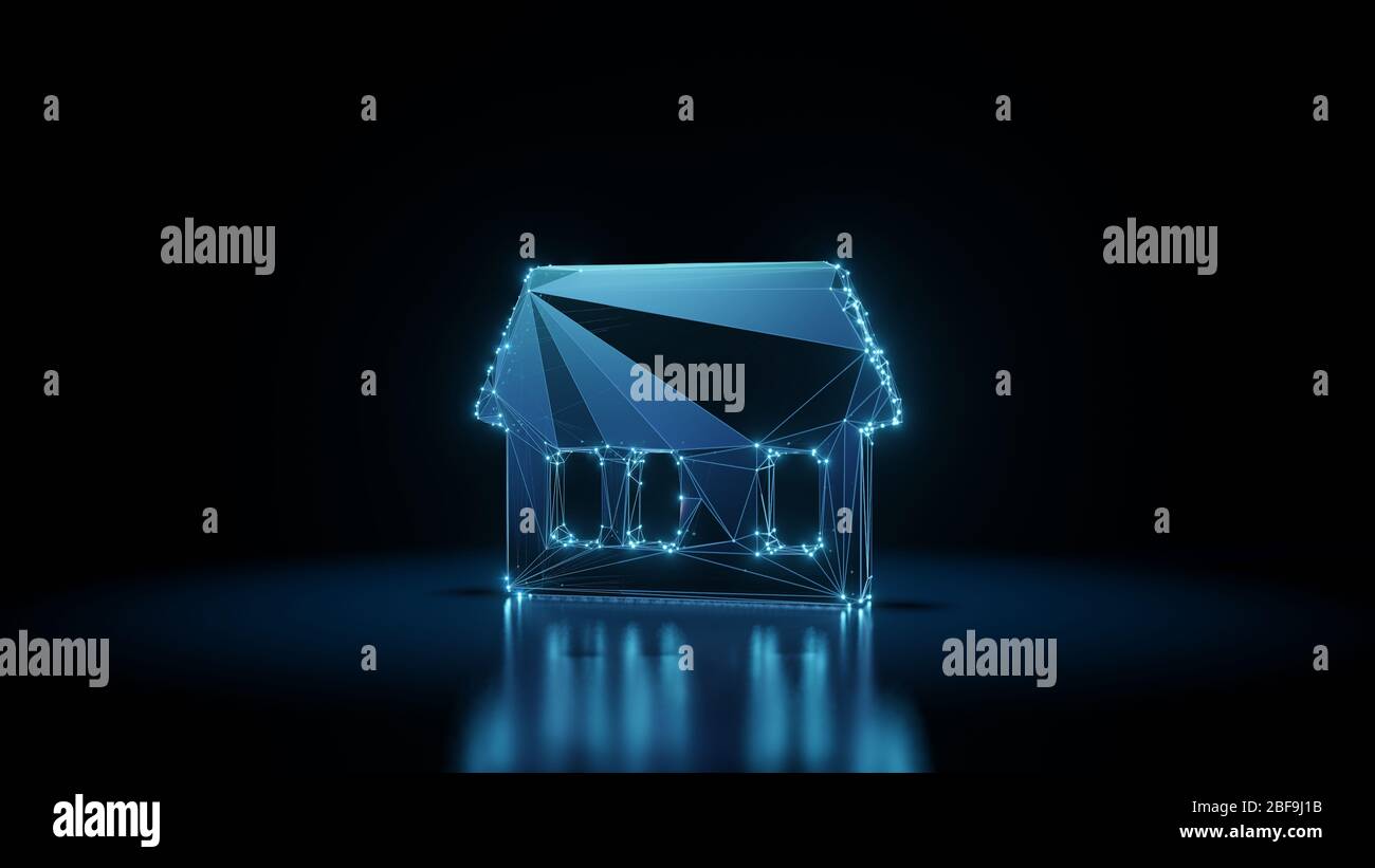 3d rendering wireframe digital techno neon glowing symbol of house with three big windows with ...