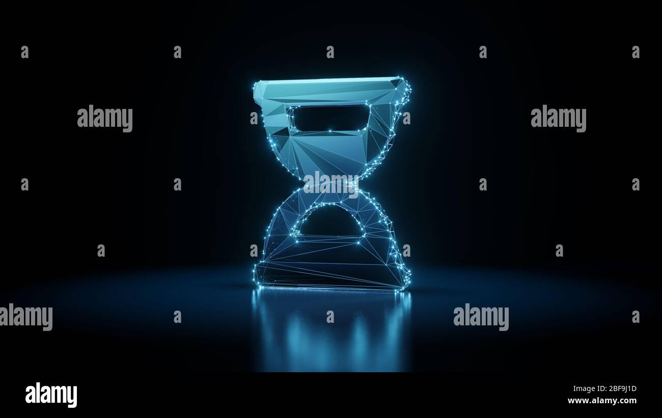 3d rendering wireframe digital techno neon glowing symbol of hourglass in half phase with ...