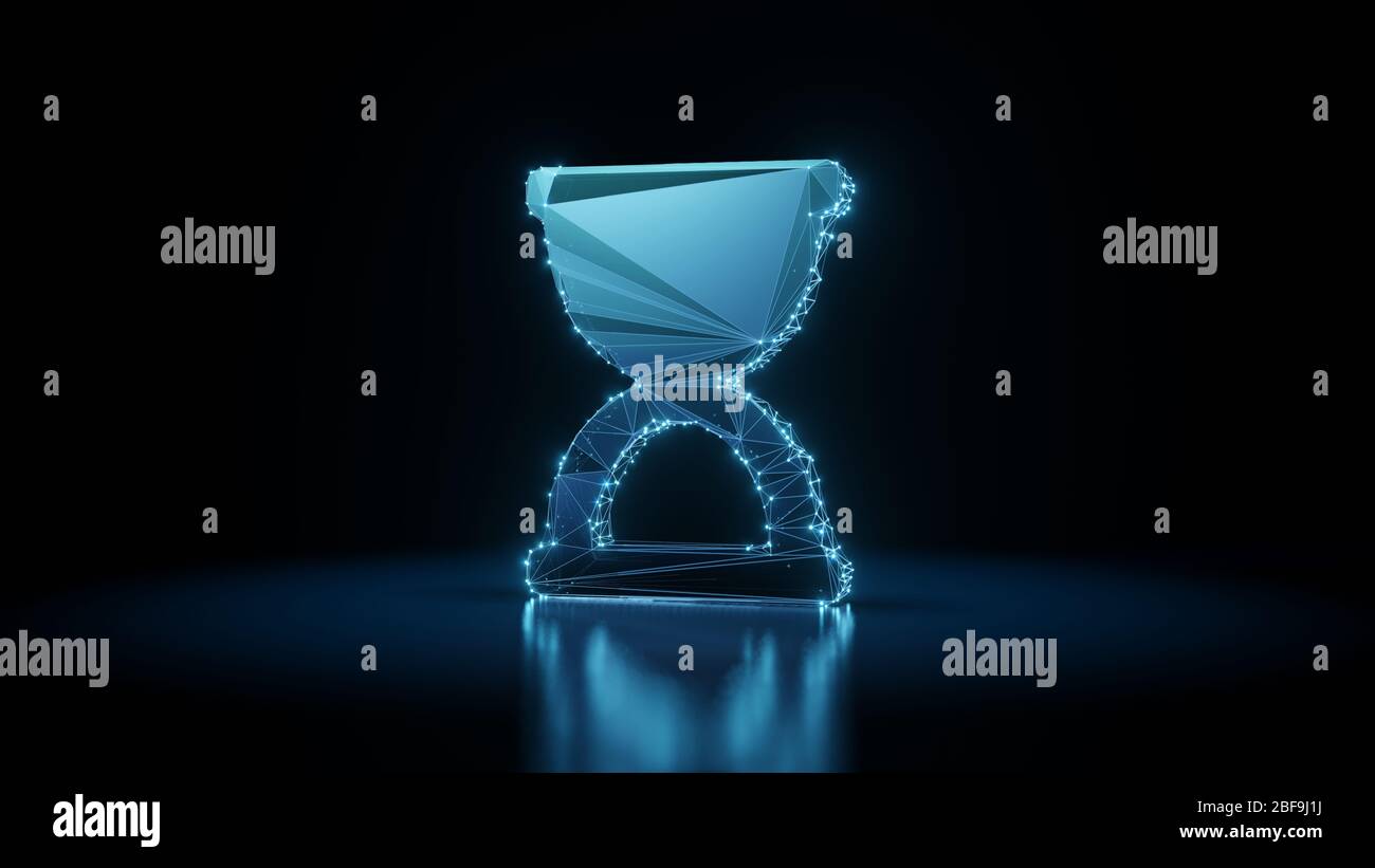 3d rendering wireframe digital techno neon glowing symbol of hourglass in start phase with ...