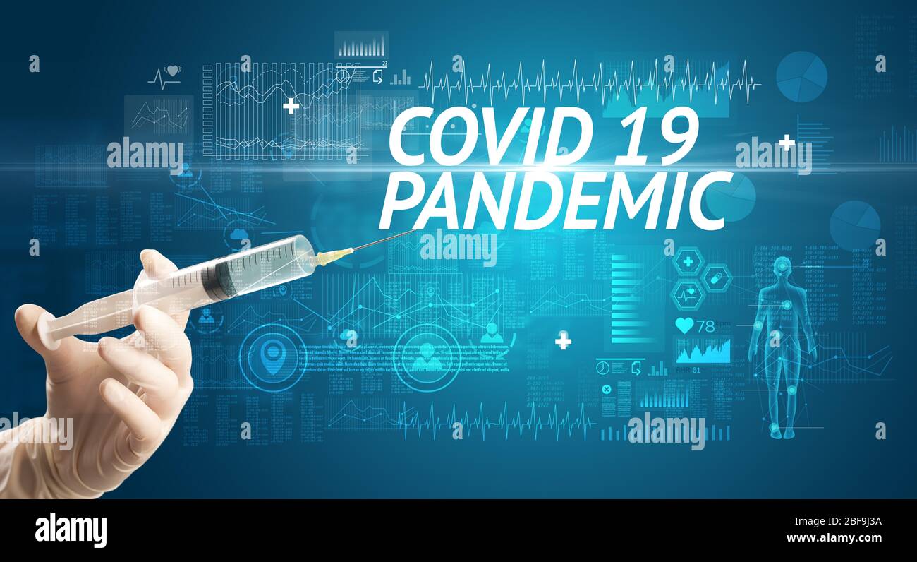 Syringe needle with virus vaccine and COVID 19 PANDEMIC inscription, antidote concept Stock ...