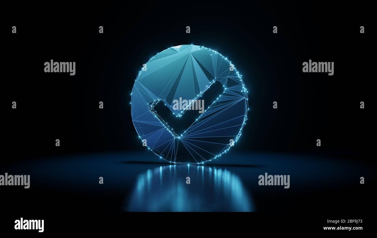 3d rendering wireframe digital techno neon glowing symbol of check mark in circle with shining ...
