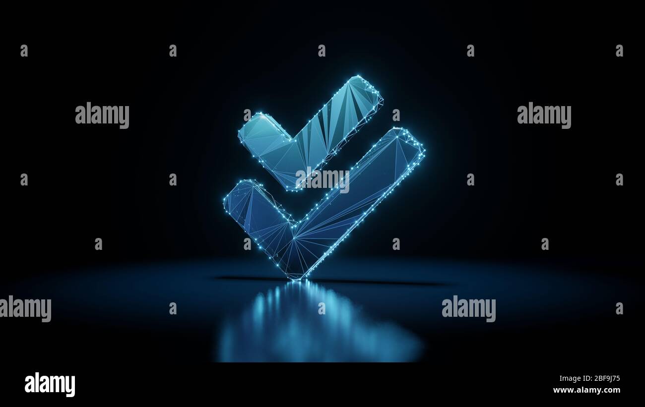 3d rendering wireframe digital techno neon glowing symbol of double check mark with shining dots ...