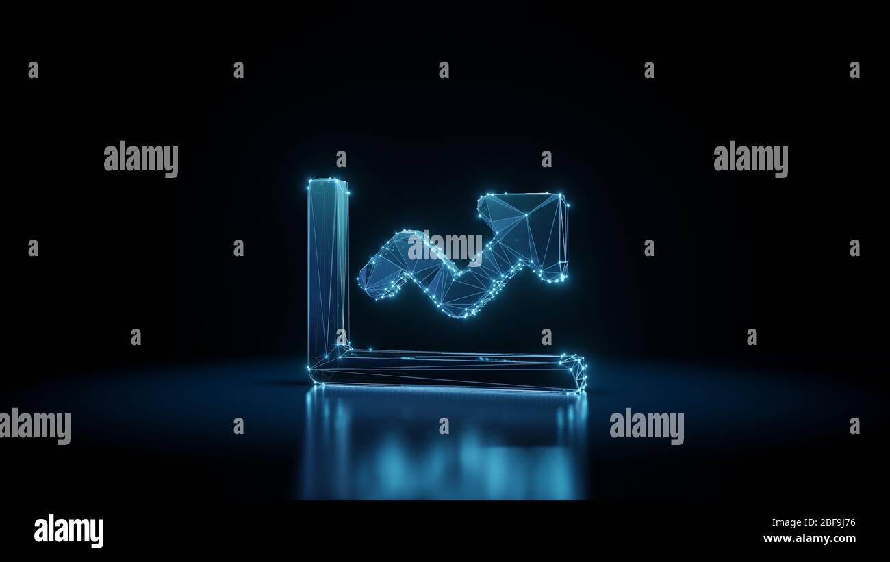 3d rendering wireframe digital techno neon glowing symbol of chart with arrow with shining dots ...
