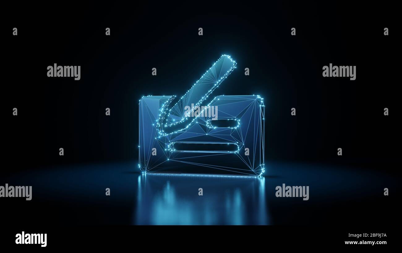 3d rendering wireframe digital techno neon glowing symbol of bank cheque with pen with shining ...
