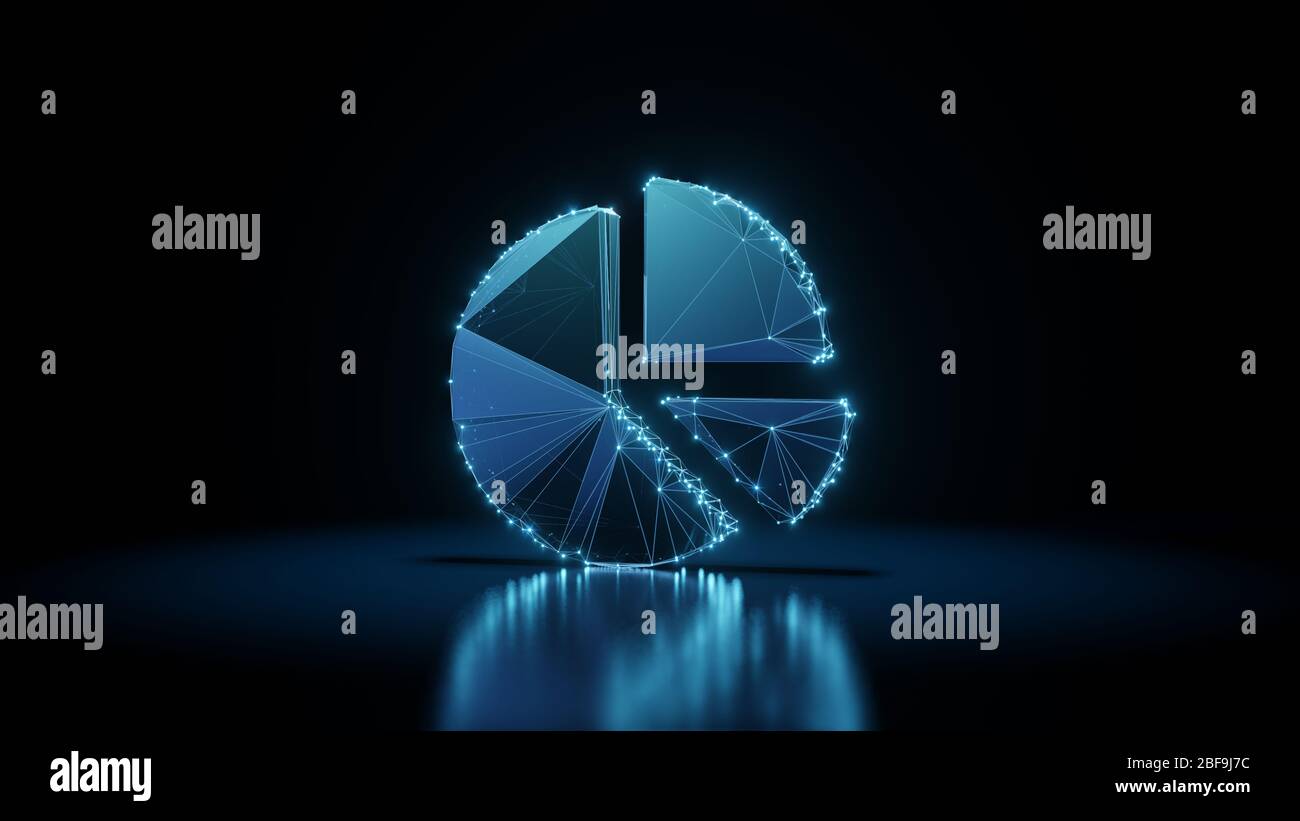 3d rendering wireframe digital techno neon glowing symbol of circular chart pie divided into ...