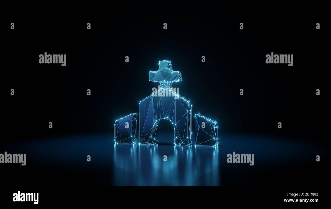3d rendering wireframe digital techno neon glowing symbol of church with central part with cross ...