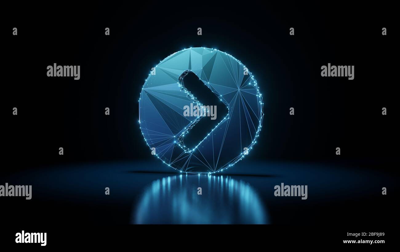 3d rendering wireframe digital techno neon glowing symbol of right chevron in circle with ...