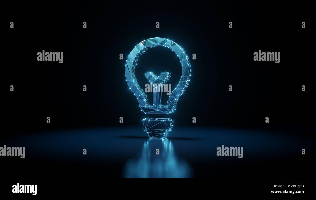 3d rendering wireframe digital techno neon glowing symbol of bulb with ...