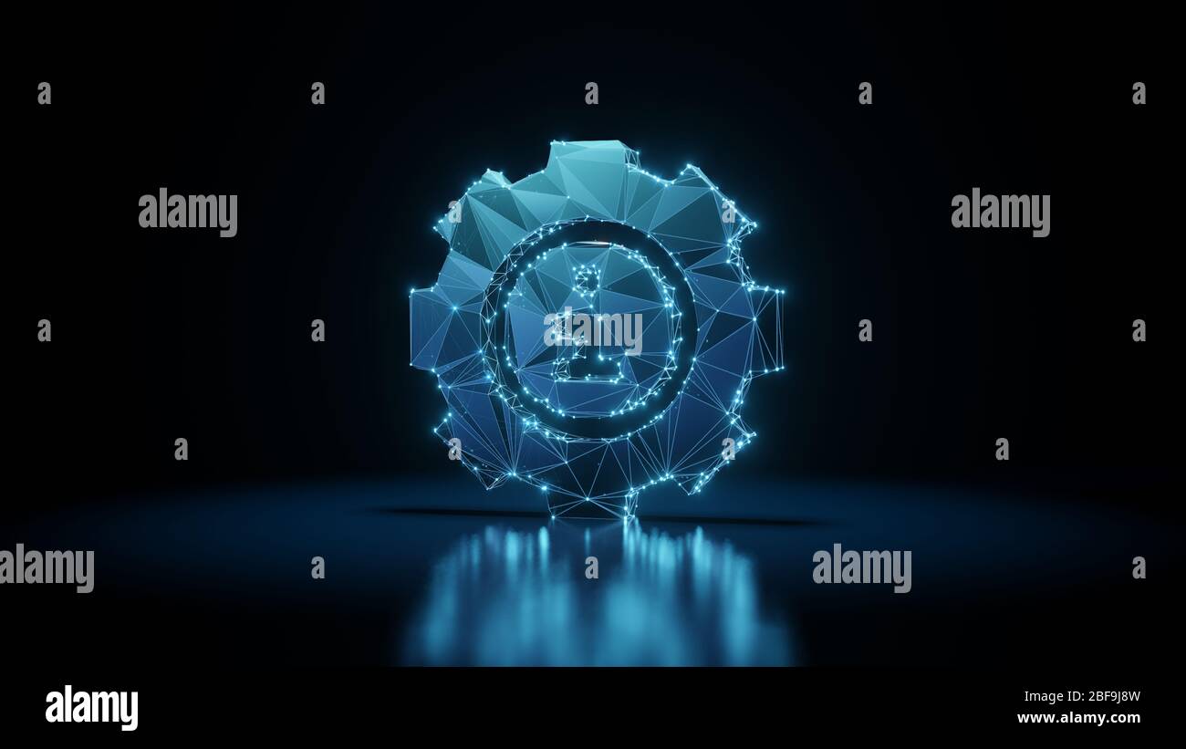 3d rendering wireframe digital techno neon glowing symbol of gear with information symbol inside ...