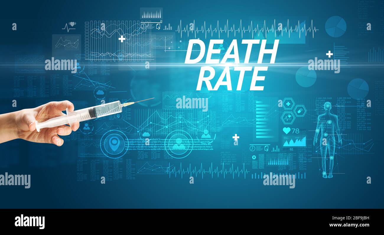 Syringe needle with virus vaccine and DEATH RATE inscription, antidote concept Stock Photo - Alamy