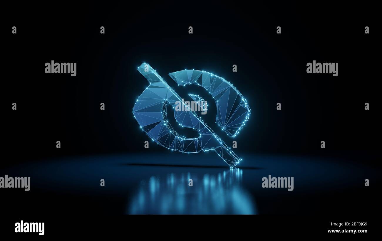 3d rendering wireframe digital techno neon glowing symbol of open eye with slash with shining ...