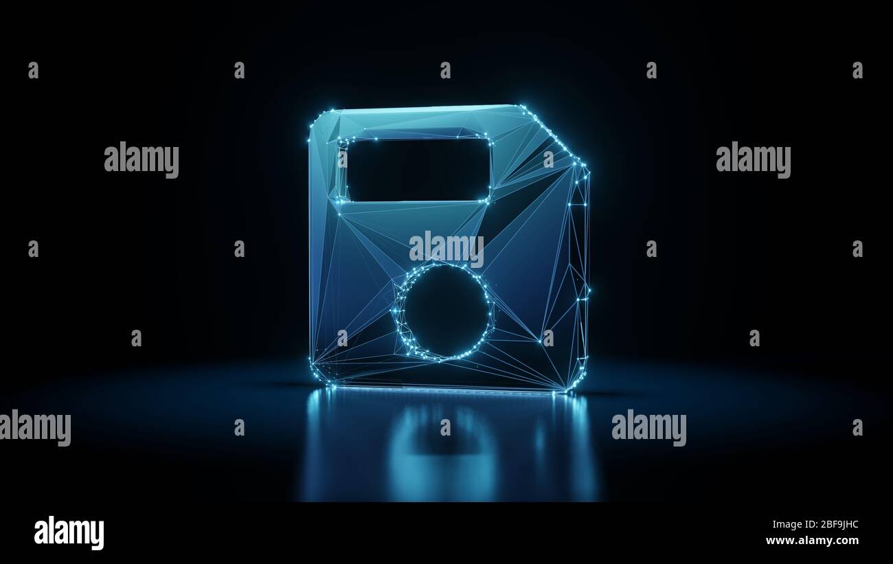 3d rendering wireframe digital techno neon glowing symbol of floppy disk with shining dots on ...