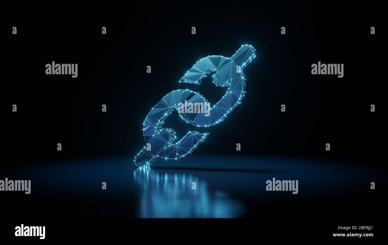 3d rendering wireframe digital techno neon glowing symbol of thick chain with shining dots on ...