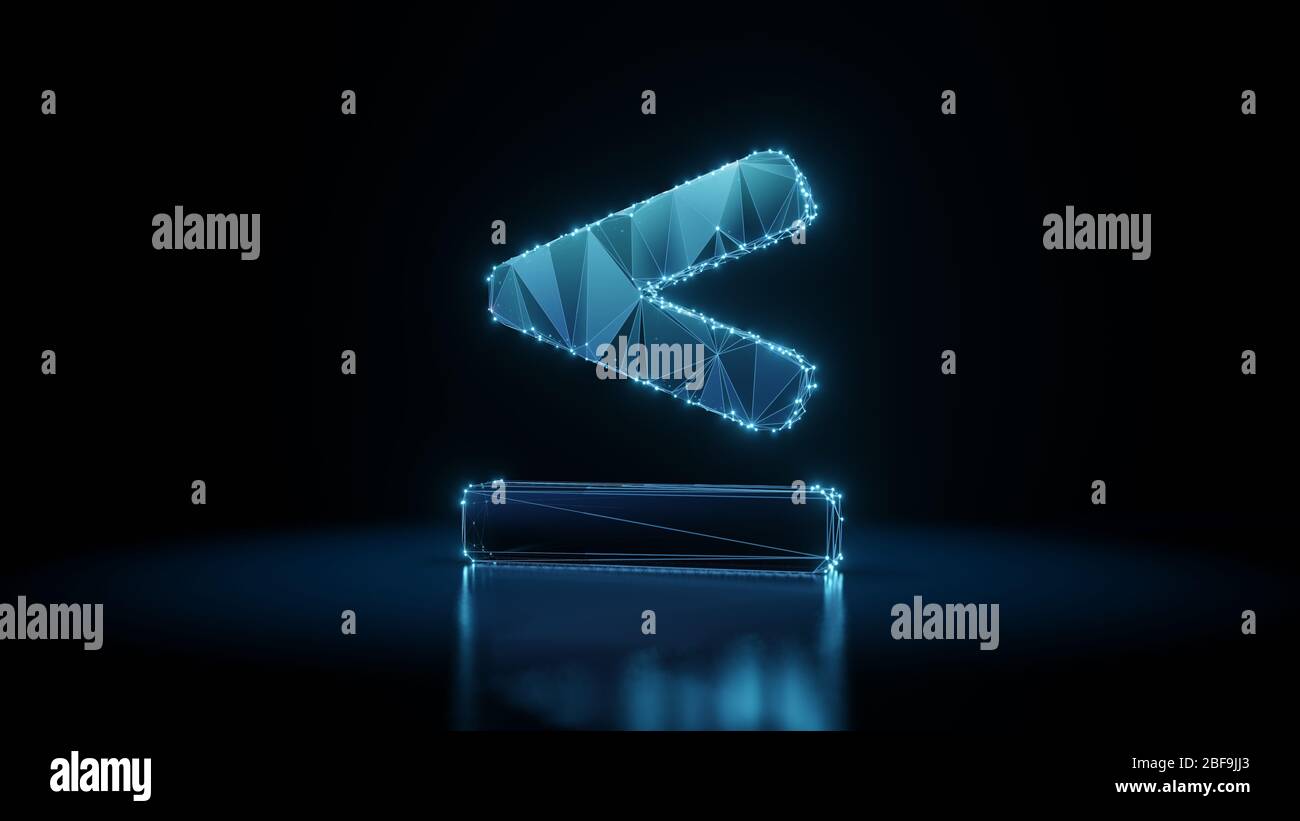 3d rendering wireframe digital techno neon glowing symbol of less than equal mark with shining ...