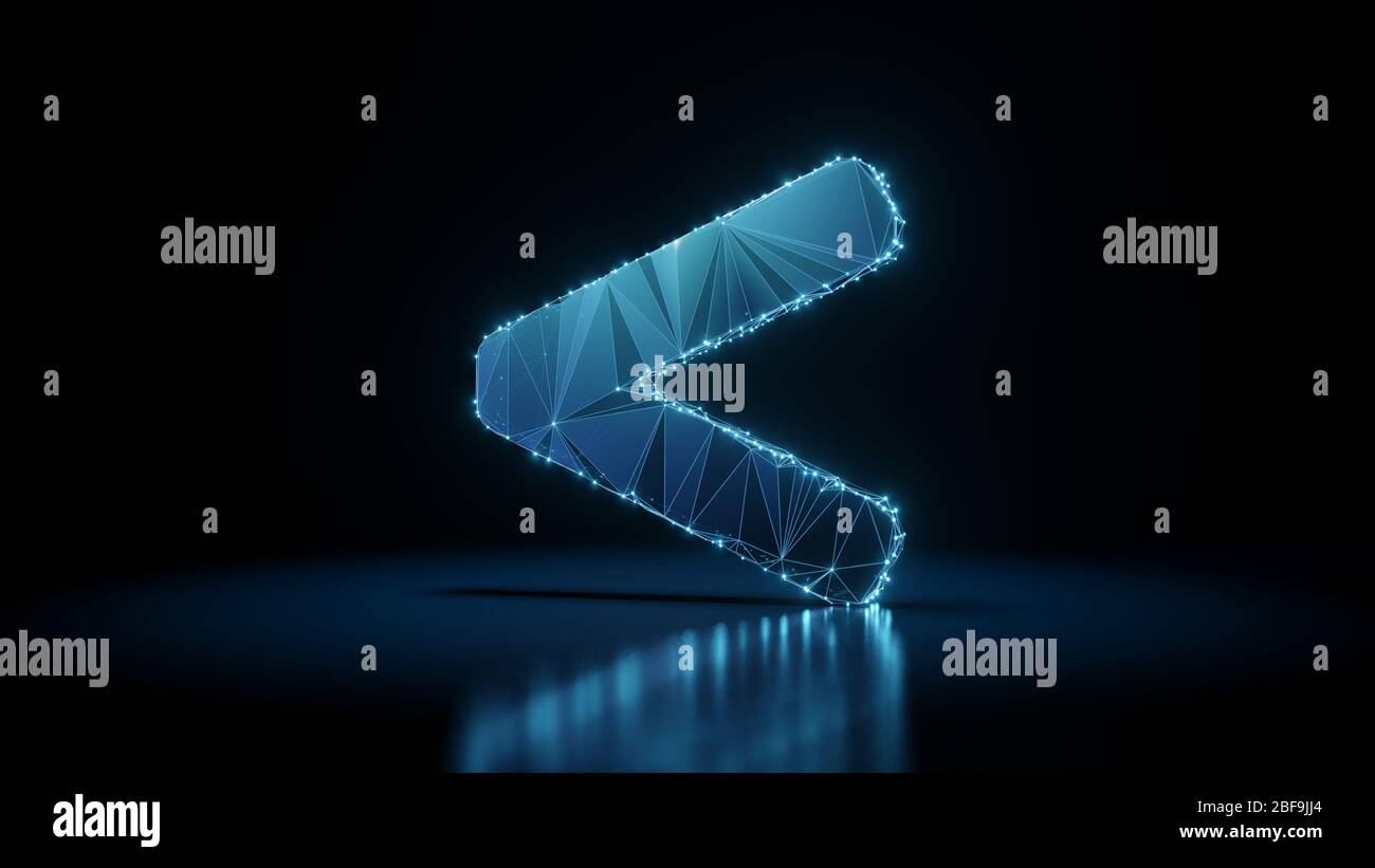 3d rendering wireframe digital techno neon glowing symbol of less than ...