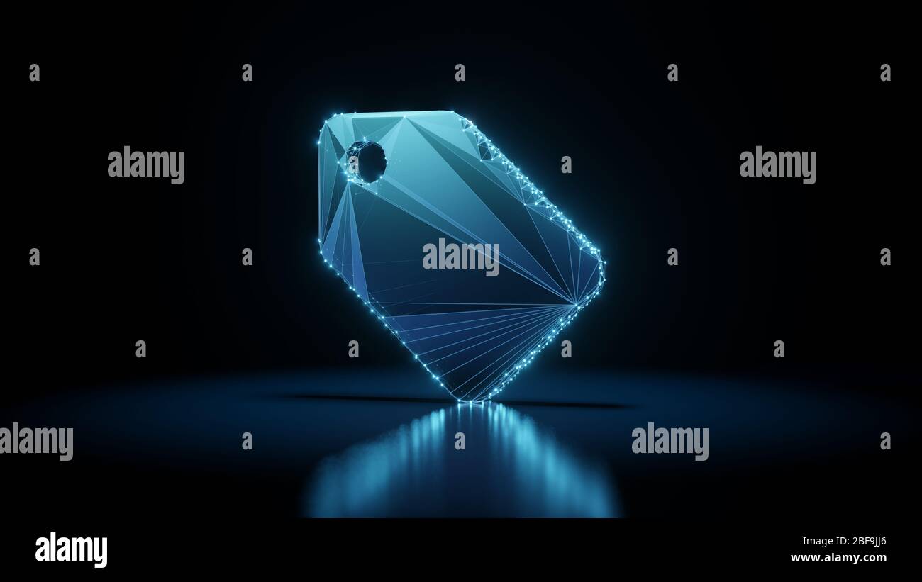 3d rendering wireframe digital techno neon glowing symbol of label with holding hole with ...