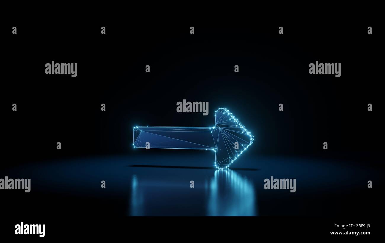 3d rendering wireframe digital techno neon glowing symbol of long right arrow with shining dots ...