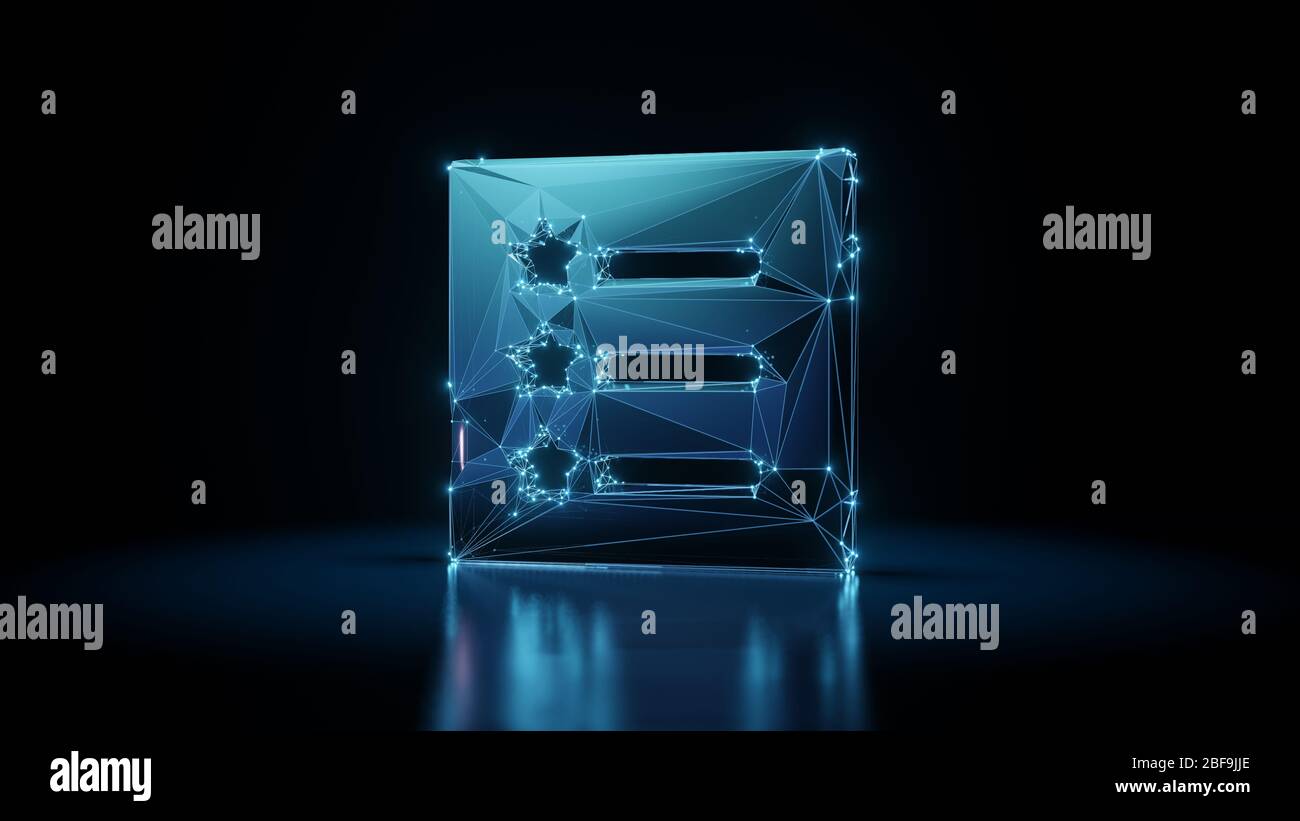 3d rendering wireframe digital techno neon glowing symbol of list with stars and text lines with ...