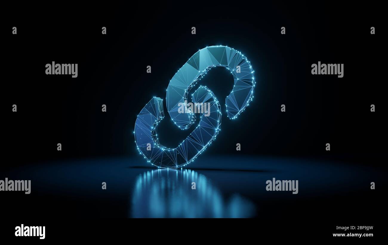 3d rendering wireframe digital techno neon glowing symbol of two thick chain links with shining ...