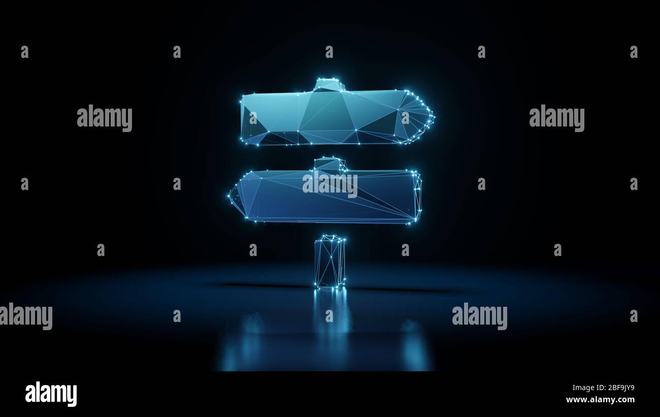 3d rendering wireframe digital techno neon glowing symbol of two map signs on stick with shining ...