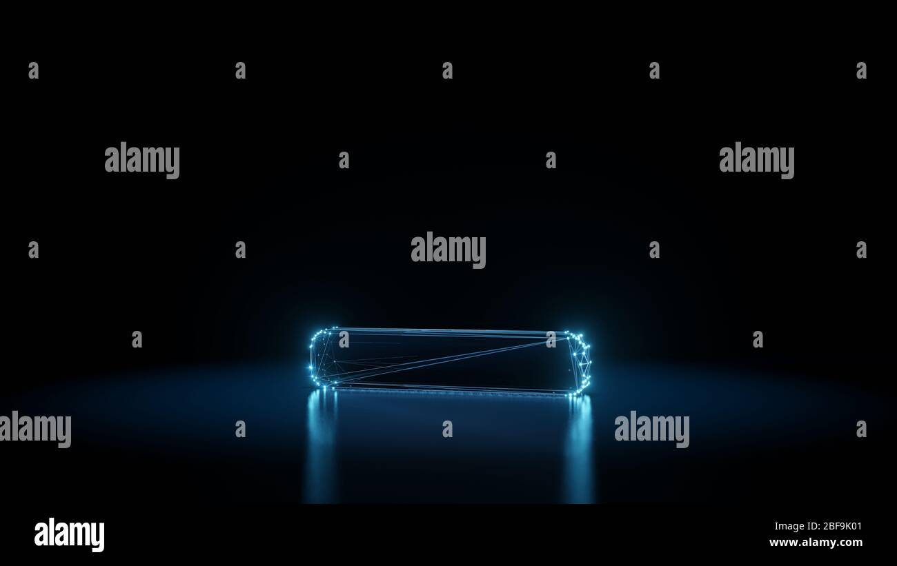 3d rendering wireframe digital techno neon glowing symbol of minus symbol with shining dots on ...