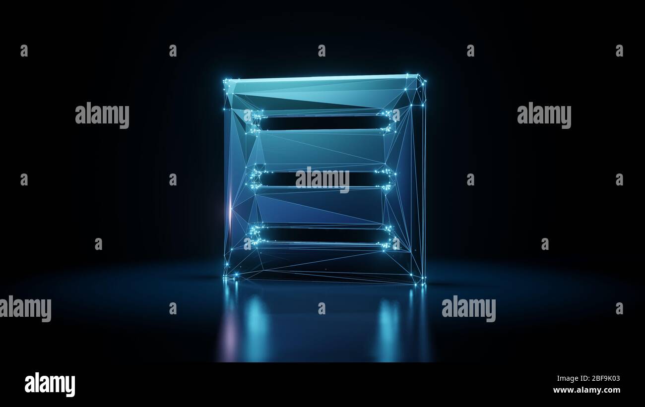 3d rendering wireframe digital techno neon glowing symbol of three lines in square menu with ...