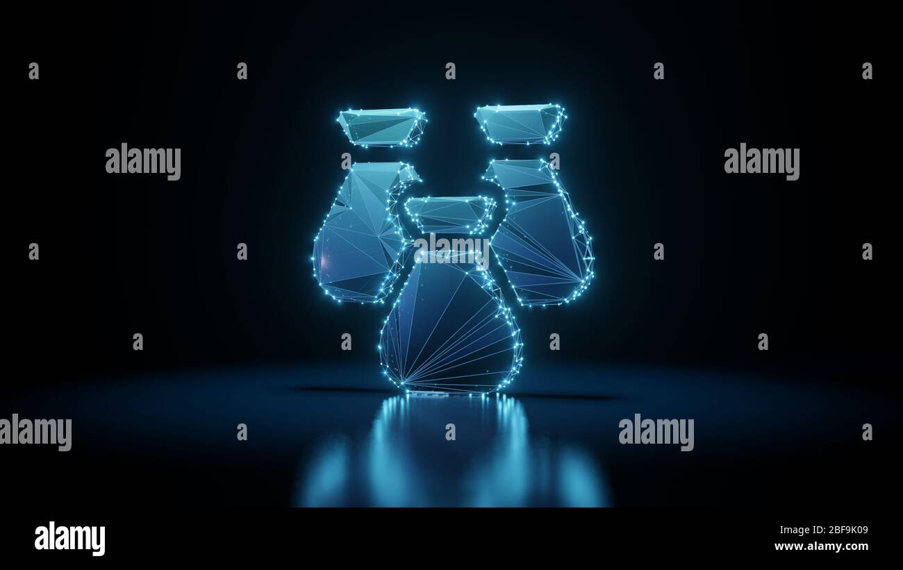 3d rendering wireframe digital techno neon glowing symbol of three money bags with shining dots ...