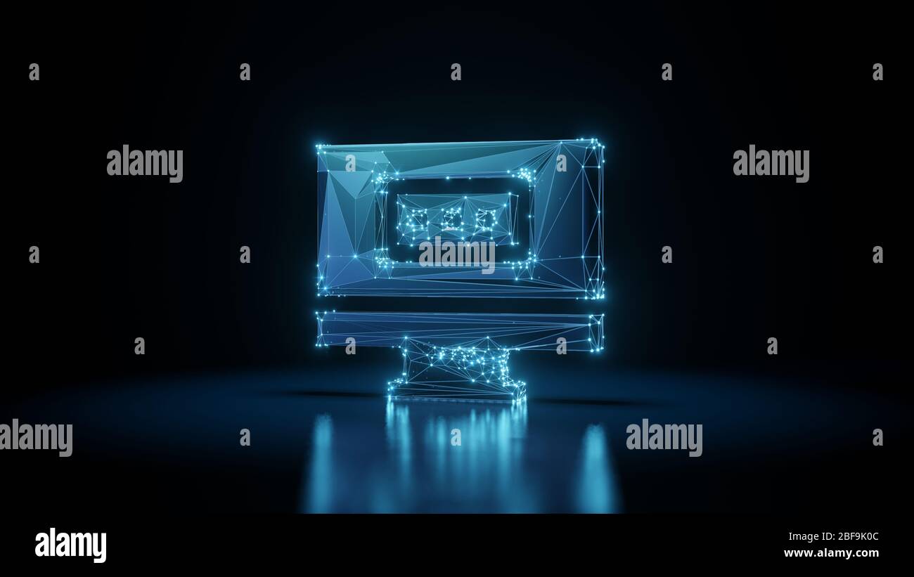 3d rendering wireframe digital techno neon glowing symbol of monitor ...