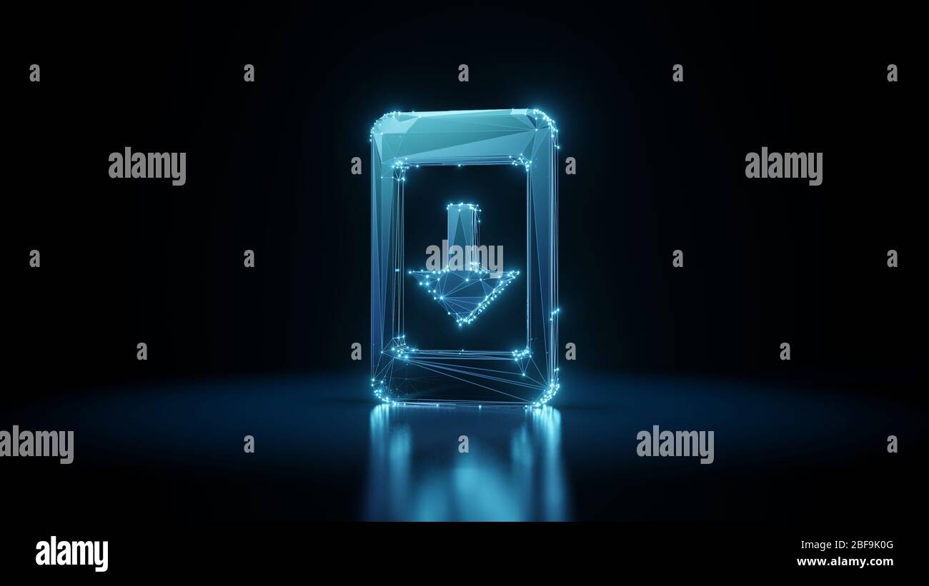 3d rendering wireframe digital techno neon glowing symbol of mobile phone with down arrow on ...