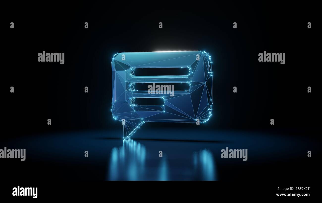 3d rendering wireframe digital techno neon glowing symbol of comment bubble with text lines with ...