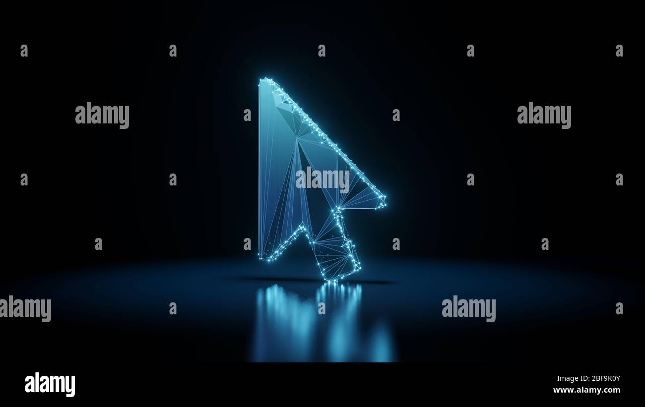 3d rendering wireframe digital techno neon glowing symbol of mouse pointer arrow with shining ...