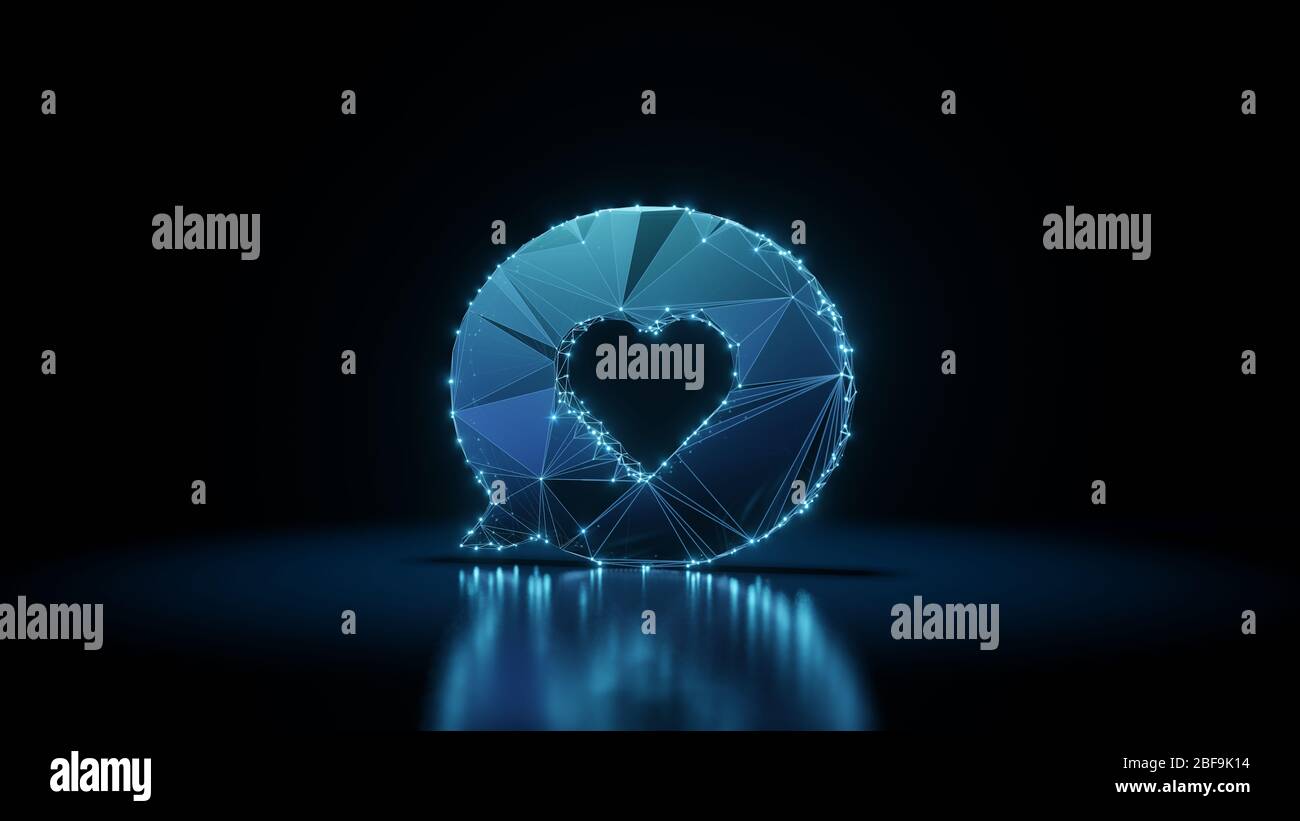 3d rendering wireframe digital techno neon glowing symbol of comment bubble with heart with ...