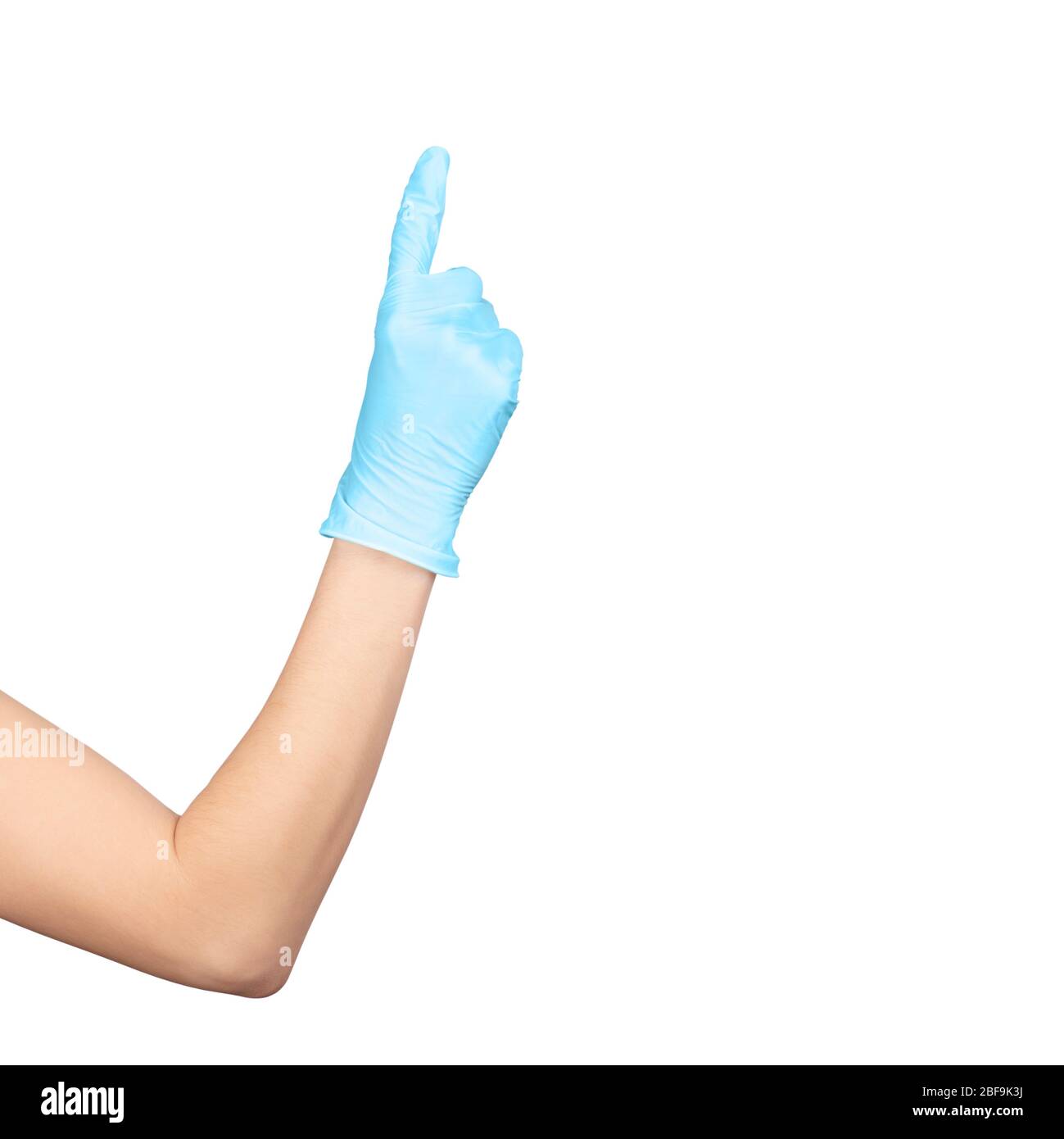 Hand pointing upward. Hand in a disposable latex blue glove isolated on ...