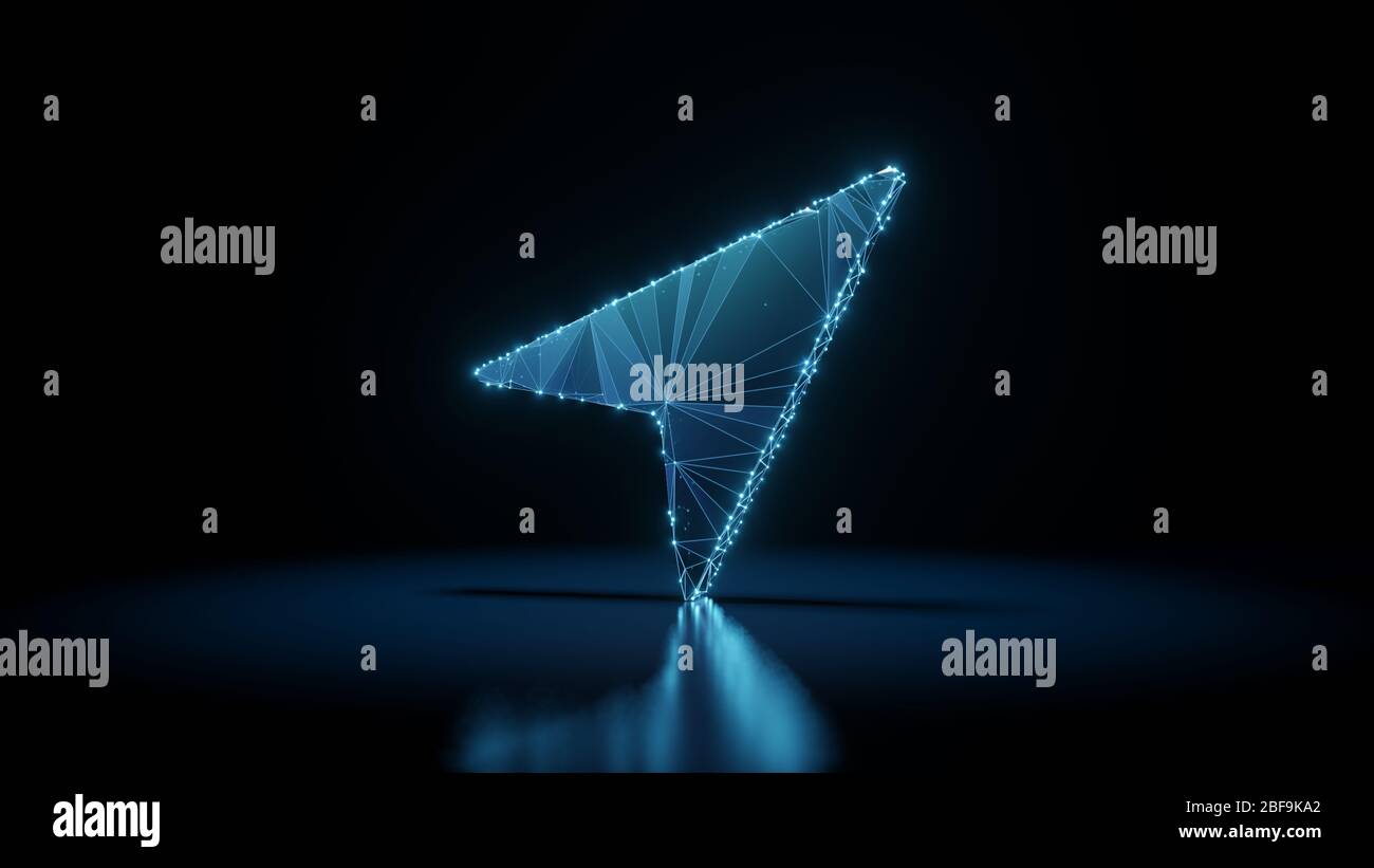 3d rendering wireframe digital techno neon glowing symbol of navigation arrow right with shining ...