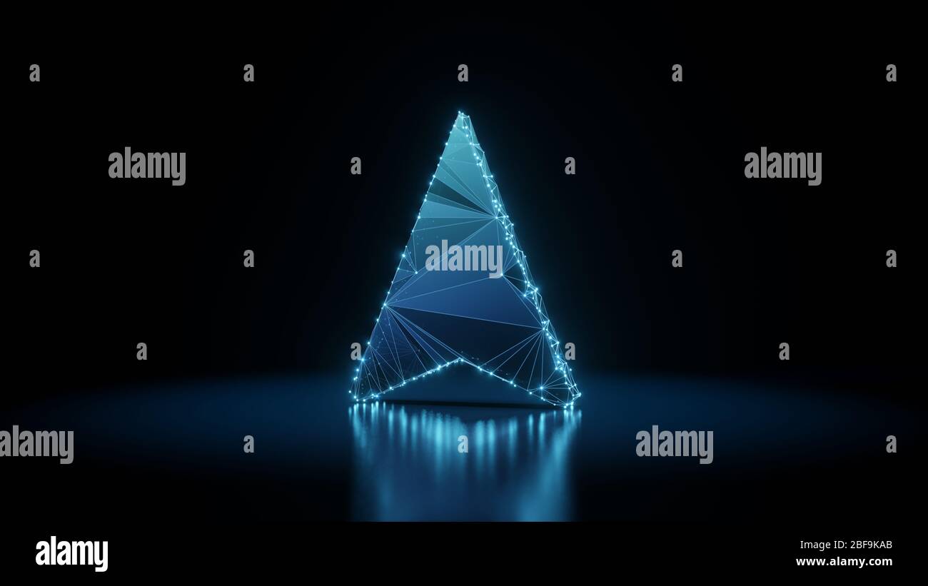 3d rendering wireframe digital techno neon glowing symbol of navigation arrow up with shining ...